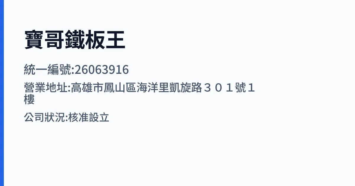 寶哥鐵板王 - 統編 26063916(高雄市) 公司登記資料與營業項目詳細圖表