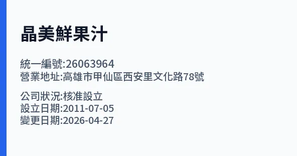 晶美鮮果汁的照片-統編 26063964(高雄市) 公司登記資料與營業項目詳細圖表