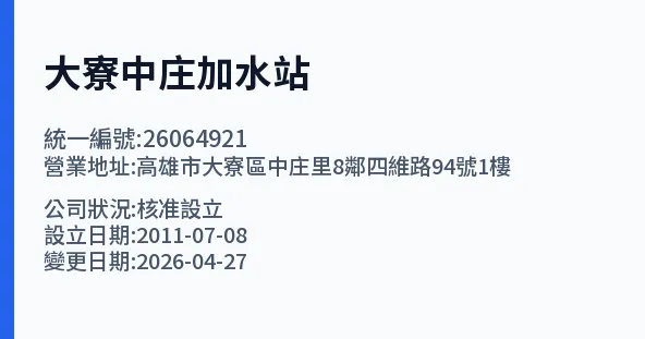 大寮中庄加水站的照片-統編 26064921(高雄市) 公司登記資料與營業項目詳細圖表