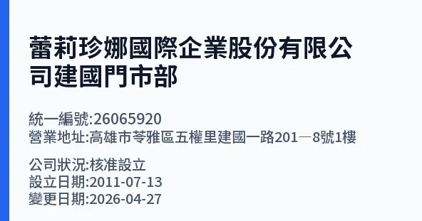 蕾莉珍娜國際企業股份有限公司建國門市部的照片-統編 26065920(高雄市) 公司登記資料與營業項目詳細圖表