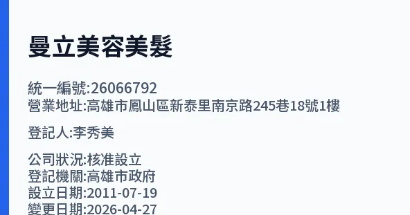 曼立美容美髮的照片-統編 26066792(高雄市) 公司登記資料與營業項目詳細圖表