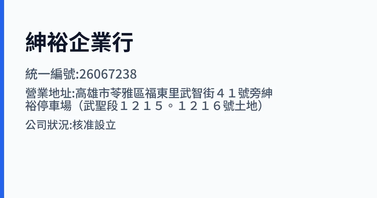 紳裕企業行 - 統編 26067238(高雄市) 公司登記資料與營業項目詳細圖表
