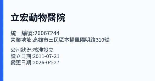 立宏動物醫院的照片-統編 26067244(高雄市) 公司登記資料與營業項目詳細圖表