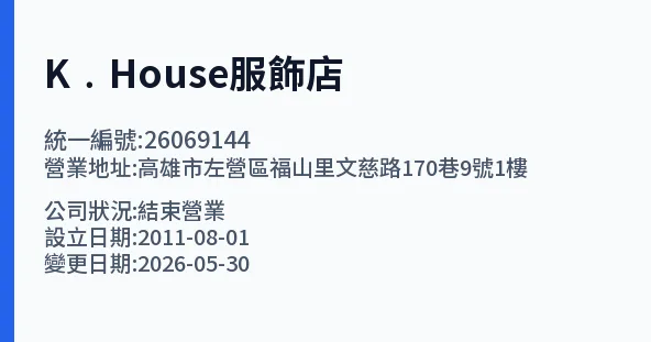 K﹒House服飾店的照片-統編 26069144(高雄市) 公司登記資料與營業項目詳細圖表