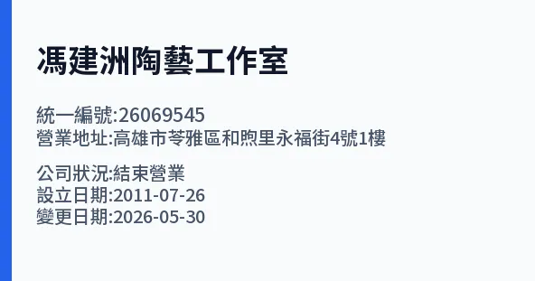 馮建洲陶藝工作室的照片-統編 26069545(高雄市) 公司登記資料與營業項目詳細圖表