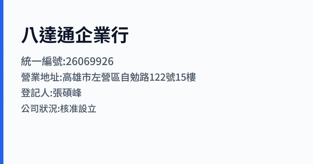 八達通企業行 - 統編 26069926(高雄市) 公司登記資料與營業項目詳細圖表