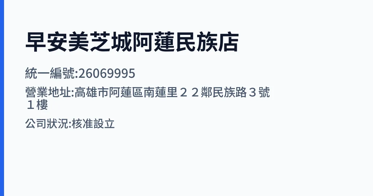 早安美芝城阿蓮民族店 - 統編 26069995(高雄市) 公司登記資料與營業項目詳細圖表