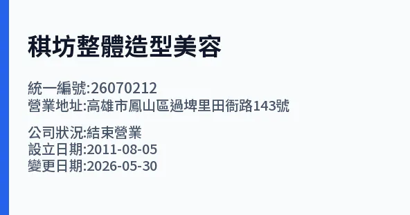 稘坊整體造型美容的照片-統編 26070212(高雄市) 公司登記資料與營業項目詳細圖表