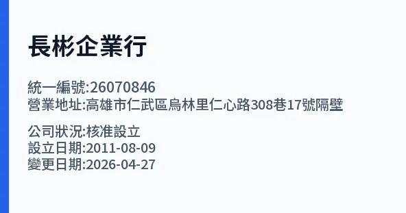 長彬企業行的照片-統編 26070846(高雄市) 公司登記資料與營業項目詳細圖表