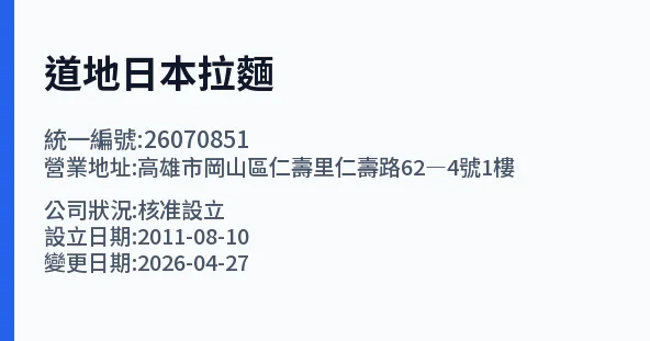 道地日本拉麵的照片-統編 26070851(高雄市) 公司登記資料與營業項目詳細圖表