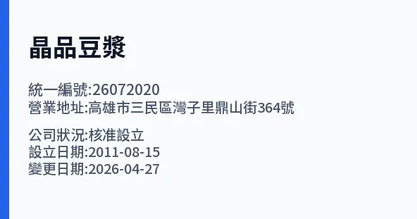 晶品豆漿的照片-統編 26072020(高雄市) 公司登記資料與營業項目詳細圖表