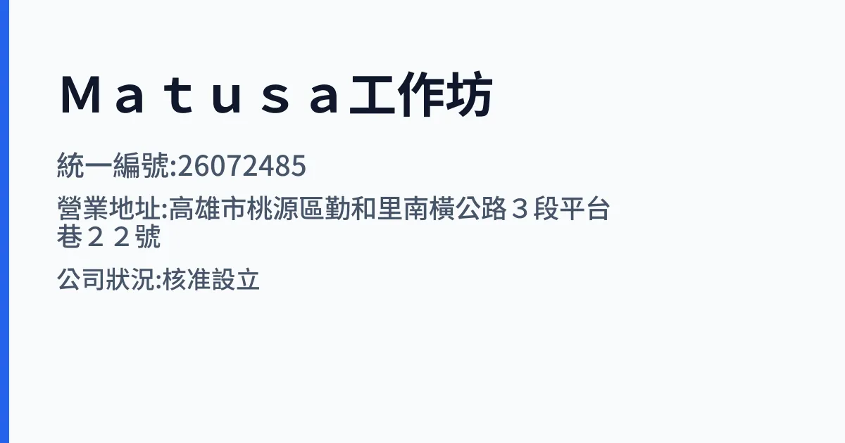 Ｍａｔｕｓａ工作坊 - 統編 26072485(高雄市) 公司登記資料與營業項目詳細圖表