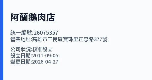 阿蘭鵝肉店的照片-統編 26075357(高雄市) 公司登記資料與營業項目詳細圖表