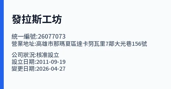 發拉斯工坊的照片-統編 26077073(高雄市) 公司登記資料與營業項目詳細圖表