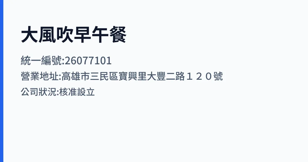 大風吹早午餐 - 統編 26077101(高雄市) 公司登記資料與營業項目詳細圖表