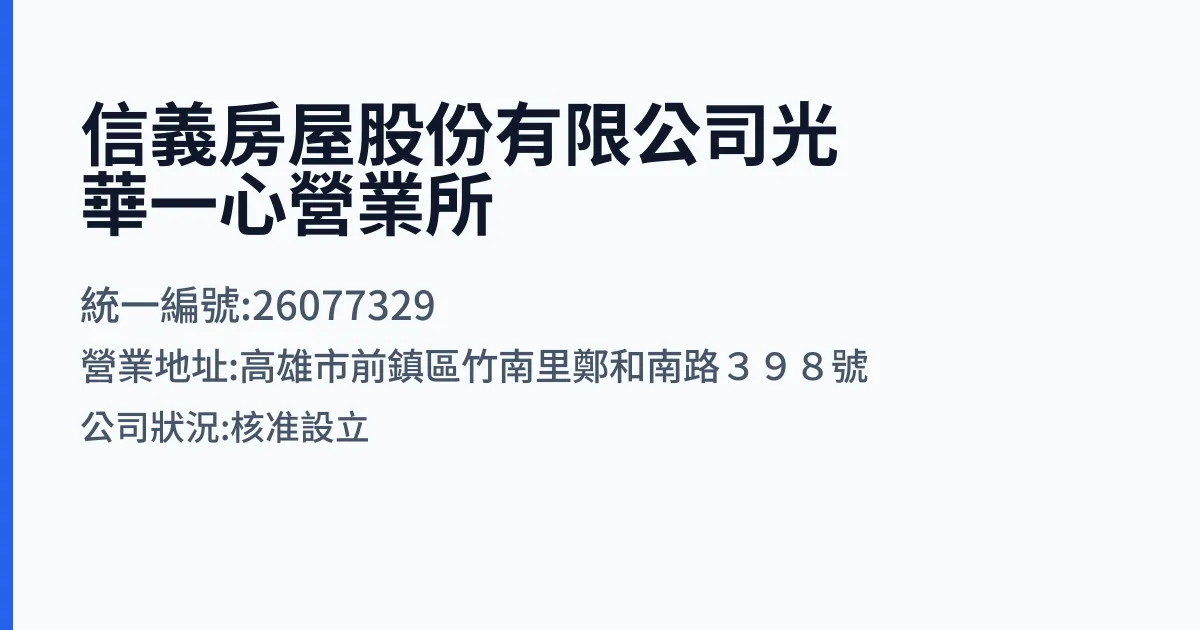 信義房屋股份有限公司光華一心營業所 - 統編 26077329(高雄市) 公司登記資料與營業項目詳細圖表