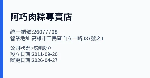 阿巧肉粽專賣店的照片-統編 26077708(高雄市) 公司登記資料與營業項目詳細圖表