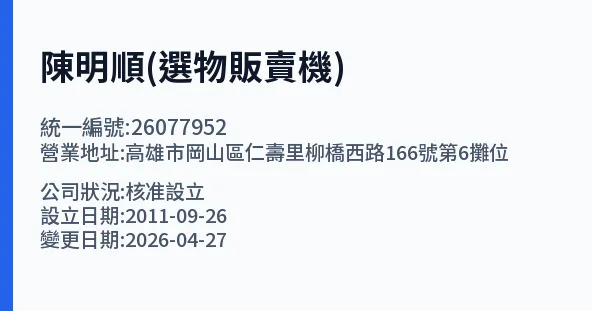 陳明順(選物販賣機)的照片-統編 26077952(高雄市) 公司登記資料與營業項目詳細圖表