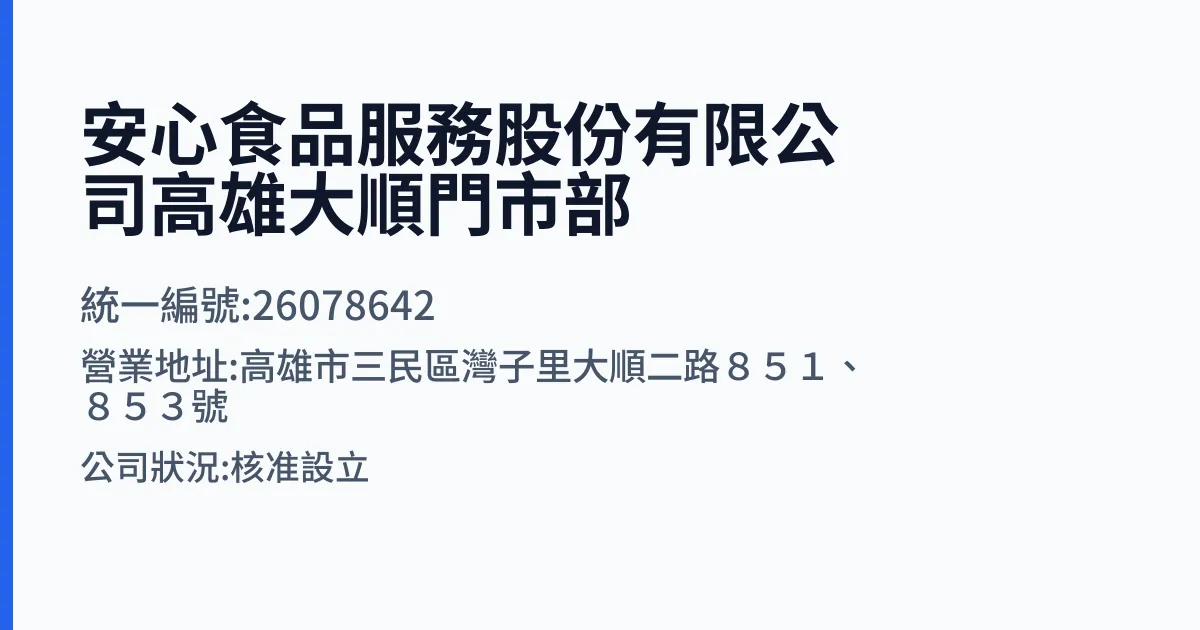 安心食品服務股份有限公司高雄大順門市部 - 統編 26078642(高雄市) 公司登記資料與營業項目詳細圖表