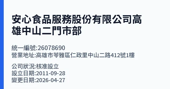 安心食品服務股份有限公司高雄中山二門市部的照片-統編 26078690(高雄市) 公司登記資料與營業項目詳細圖表