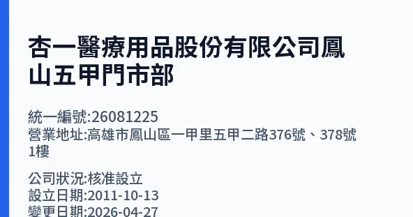杏一醫療用品股份有限公司鳳山五甲門市部的照片-統編 26081225(高雄市) 公司登記資料與營業項目詳細圖表