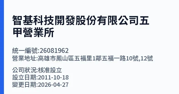 智基科技開發股份有限公司五甲營業所的照片-統編 26081962(高雄市) 公司登記資料與營業項目詳細圖表