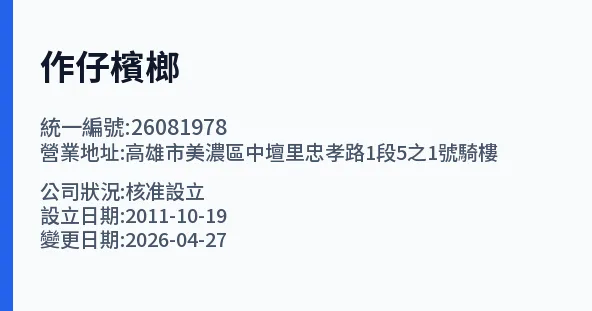 作仔檳榔的照片-統編 26081978(高雄市) 公司登記資料與營業項目詳細圖表