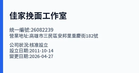佳家挽面工作室的照片-統編 26082239(高雄市) 公司登記資料與營業項目詳細圖表