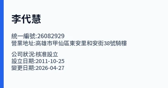 李代慧的照片-統編 26082929(高雄市) 公司登記資料與營業項目詳細圖表