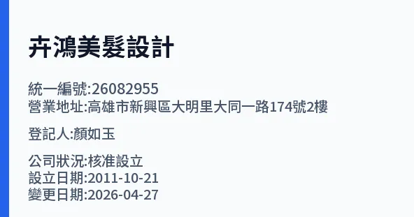 卉鴻美髮設計的照片-統編 26082955(高雄市) 公司登記資料與營業項目詳細圖表