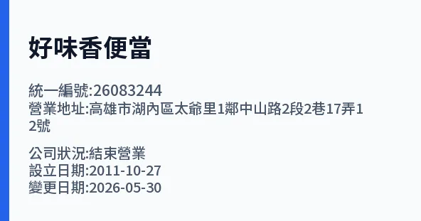 好味香便當的照片-統編 26083244(高雄市) 公司登記資料與營業項目詳細圖表