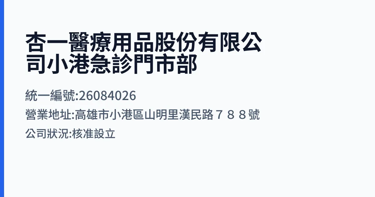 杏一醫療用品股份有限公司小港急診門市部 - 統編 26084026(高雄市) 公司登記資料與營業項目詳細圖表