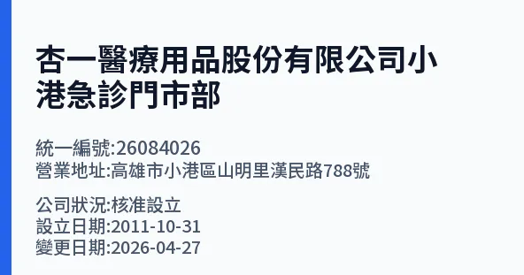 杏一醫療用品股份有限公司小港急診門市部的照片-統編 26084026(高雄市) 公司登記資料與營業項目詳細圖表