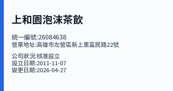 上和園泡沫茶飲的照片-統編 26084638(高雄市) 公司登記資料與營業項目詳細圖表