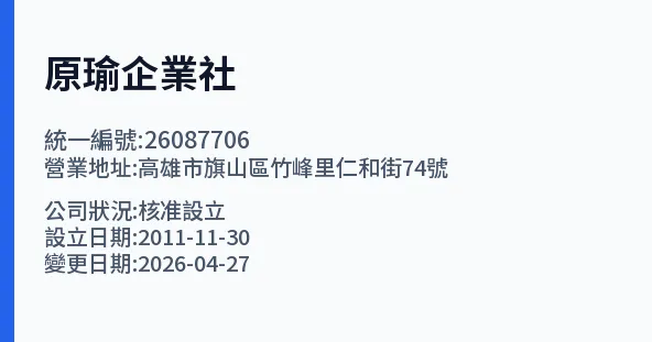 原瑜企業社的照片-統編 26087706(高雄市) 公司登記資料與營業項目詳細圖表