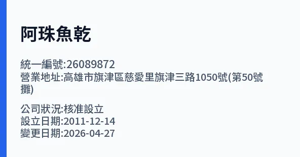 阿珠魚乾的照片-統編 26089872(高雄市) 公司登記資料與營業項目詳細圖表