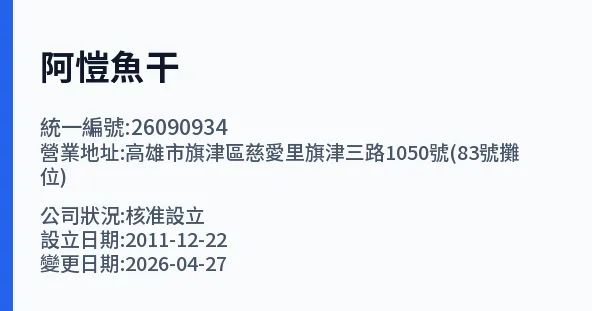 阿愷魚干的照片-統編 26090934(高雄市) 公司登記資料與營業項目詳細圖表