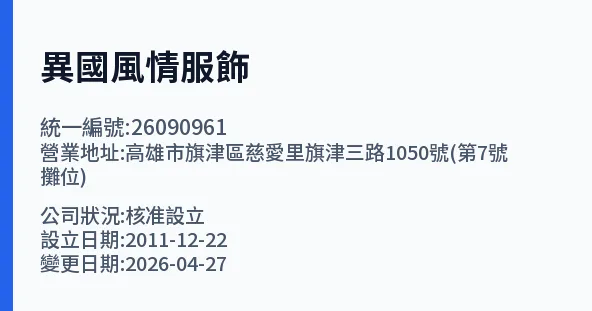 異國風情服飾的照片-統編 26090961(高雄市) 公司登記資料與營業項目詳細圖表