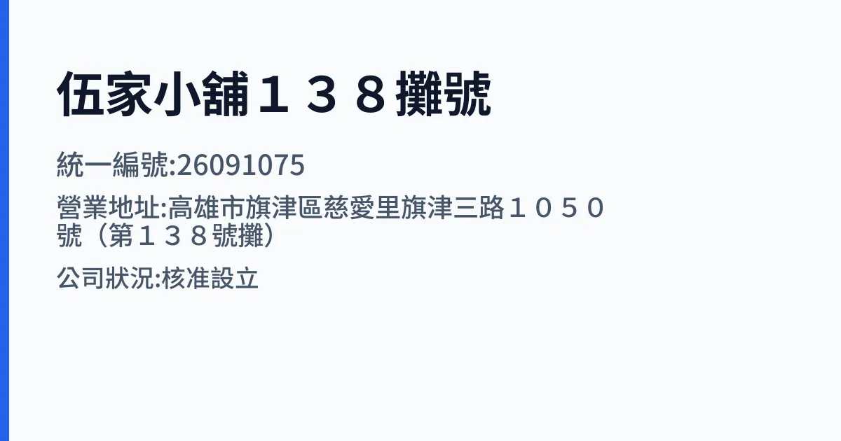 伍家小舖138攤號 - 統編 26091075(高雄市) 公司登記資料與營業項目詳細圖表