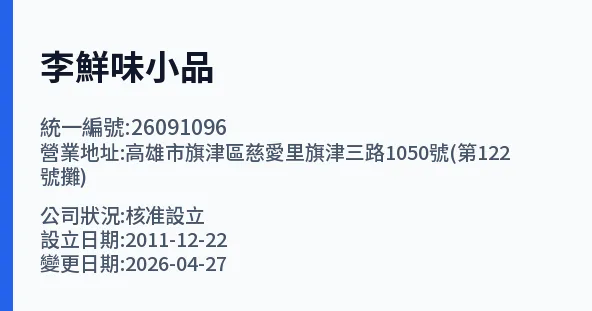 李鮮味小品的照片-統編 26091096(高雄市) 公司登記資料與營業項目詳細圖表