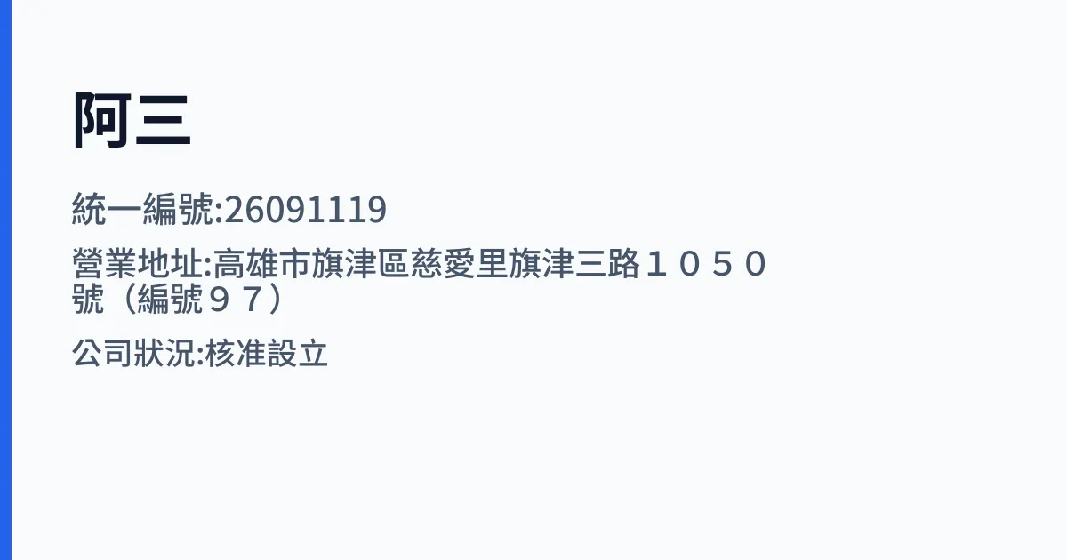 阿三 - 統編 26091119(高雄市) 公司登記資料與營業項目詳細圖表