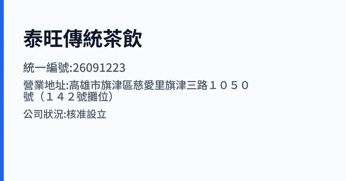 泰旺傳統茶飲 - 統編 26091223(高雄市) 公司登記資料與營業項目詳細圖表
