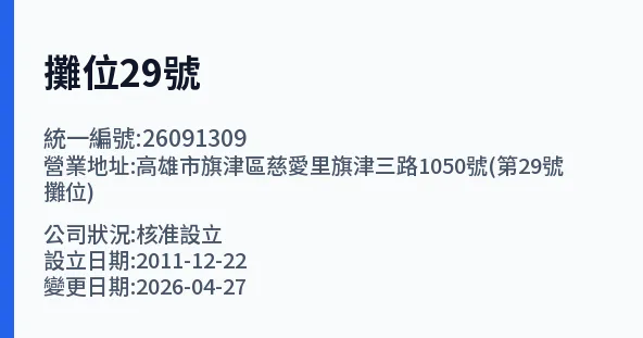 攤位29號的照片-統編 26091309(高雄市) 公司登記資料與營業項目詳細圖表