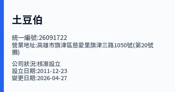 土豆伯的照片-統編 26091722(高雄市) 公司登記資料與營業項目詳細圖表