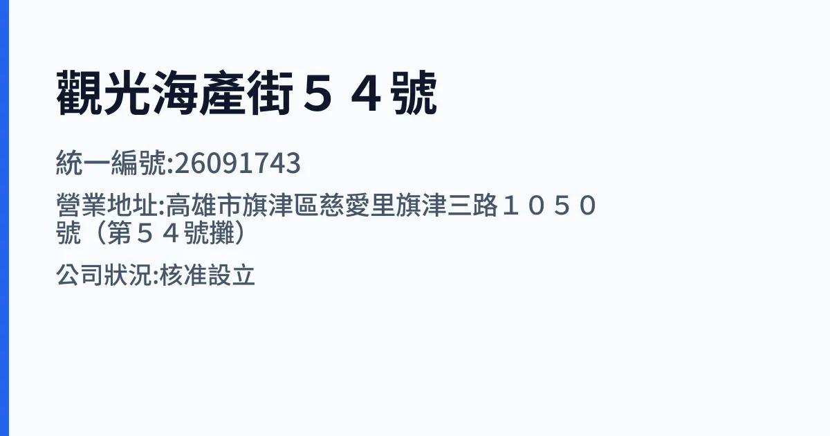 觀光海產街54號 - 統編 26091743(高雄市) 公司登記資料與營業項目詳細圖表