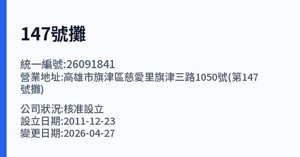 147號攤的照片-統編 26091841(高雄市) 公司登記資料與營業項目詳細圖表