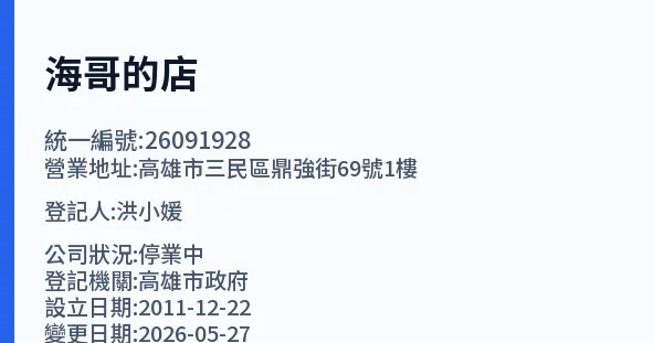 海哥的店的照片-統編 26091928(高雄市) 公司登記資料與營業項目詳細圖表
