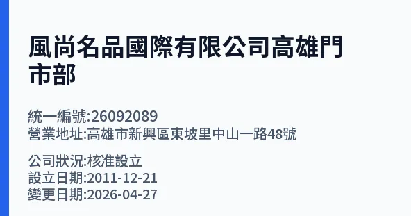風尚名品國際有限公司高雄門市部的照片-統編 26092089(高雄市) 公司登記資料與營業項目詳細圖表