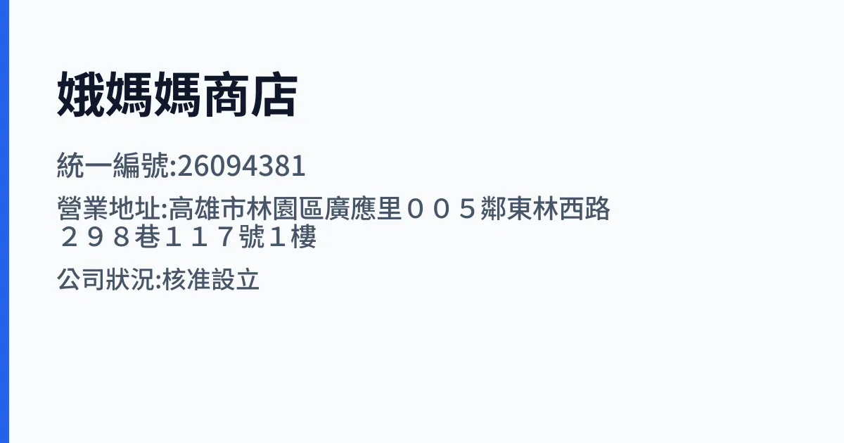 娥媽媽商店 - 統編 26094381(高雄市) 公司登記資料與營業項目詳細圖表
