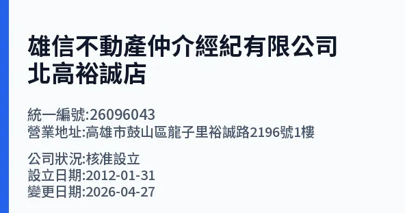 雄信不動產仲介經紀有限公司北高裕誠店的照片-統編 26096043(高雄市) 公司登記資料與營業項目詳細圖表